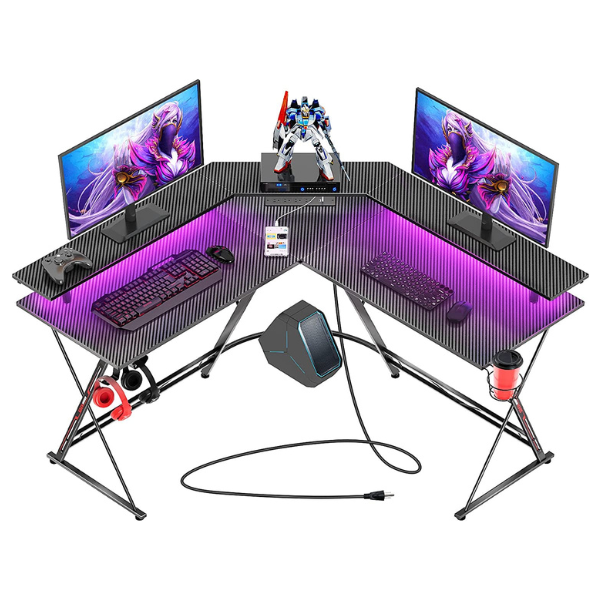 Mesa Gaming SEVEN WARRIOR en forma de L con Luz LED y tomas fibra de c